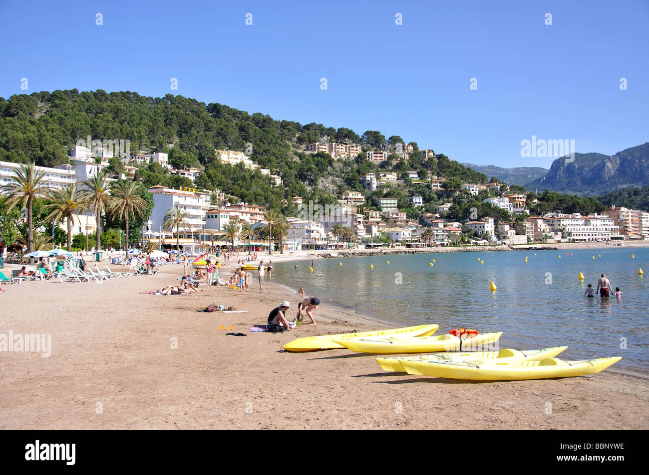 Beach view, Port de Soller, Soller Municipality, Mallorca, Balearic ...