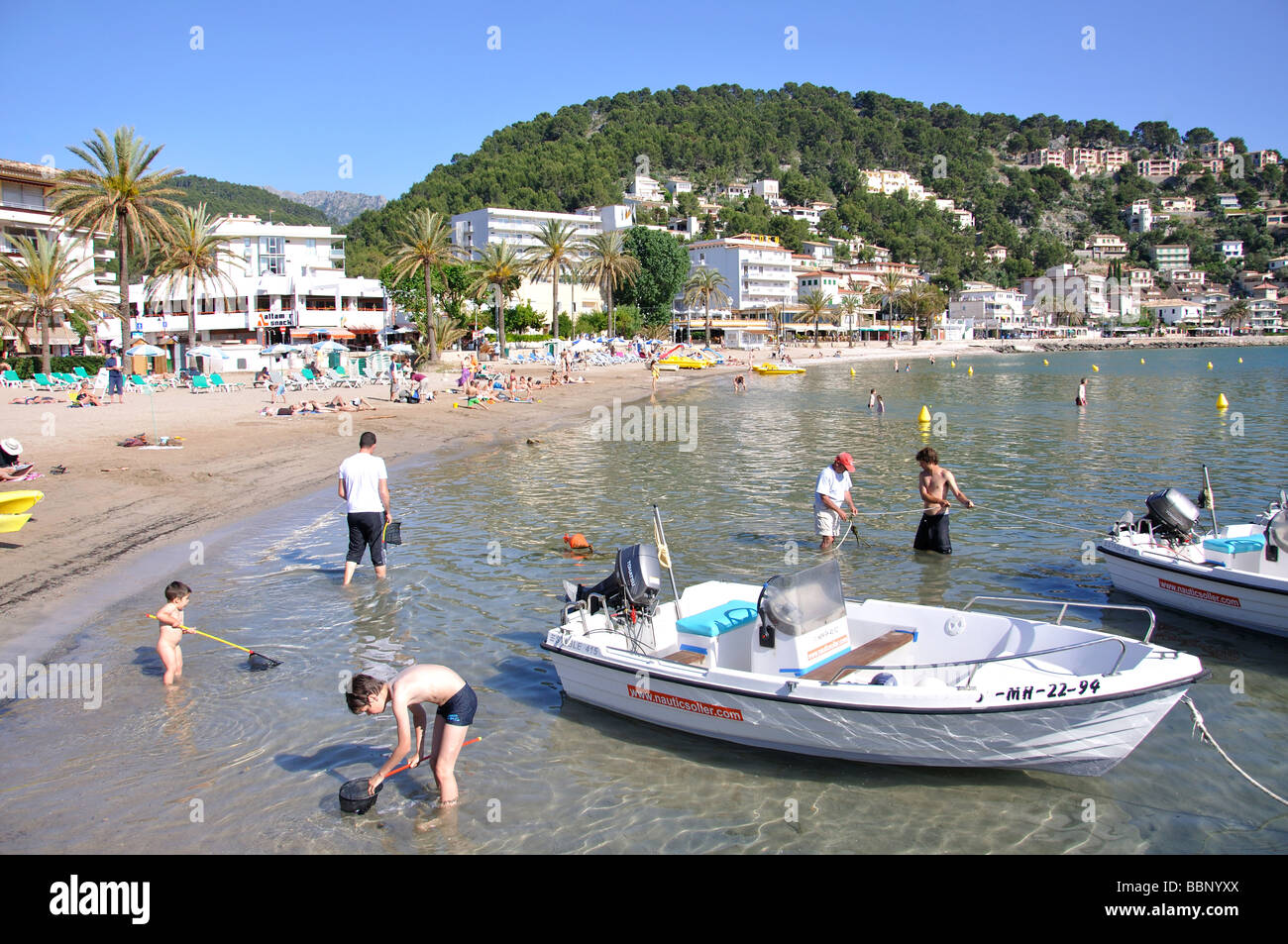 Beach view, Port de Soller, Soller Municipality, Mallorca, Balearic ...