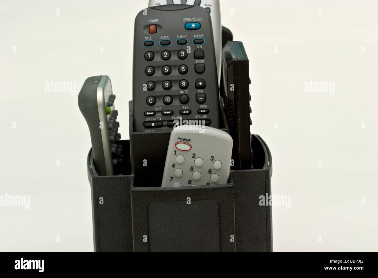 Caddy with a collection of various remote controls for electronics ...