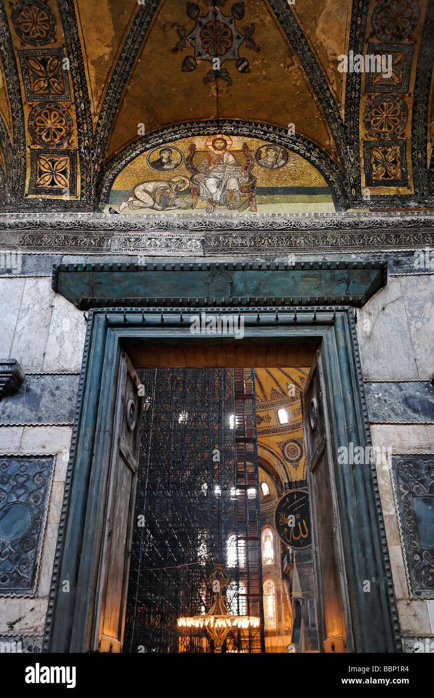 Emperor's gate, Byzantine mosaic, Christ on the throne with a kneeling ...