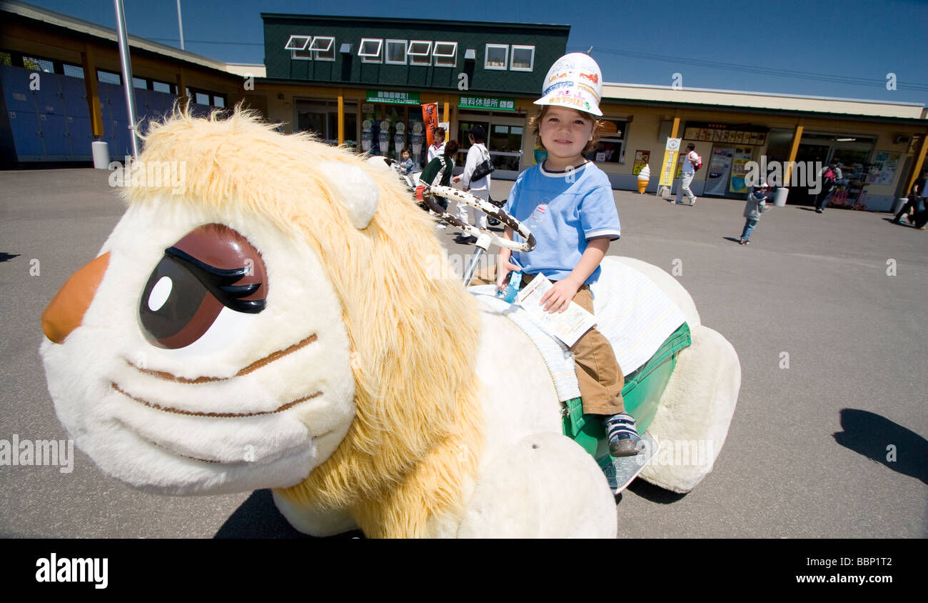 A young boy poses on a mechanical moving lion at Japan s most popular ...
