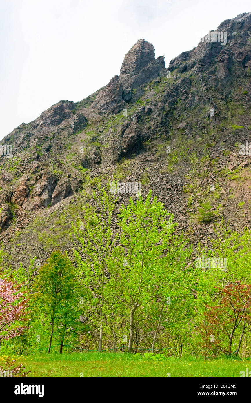 The craggy spires of the summit of Mt Usu zan a still active volcano ...