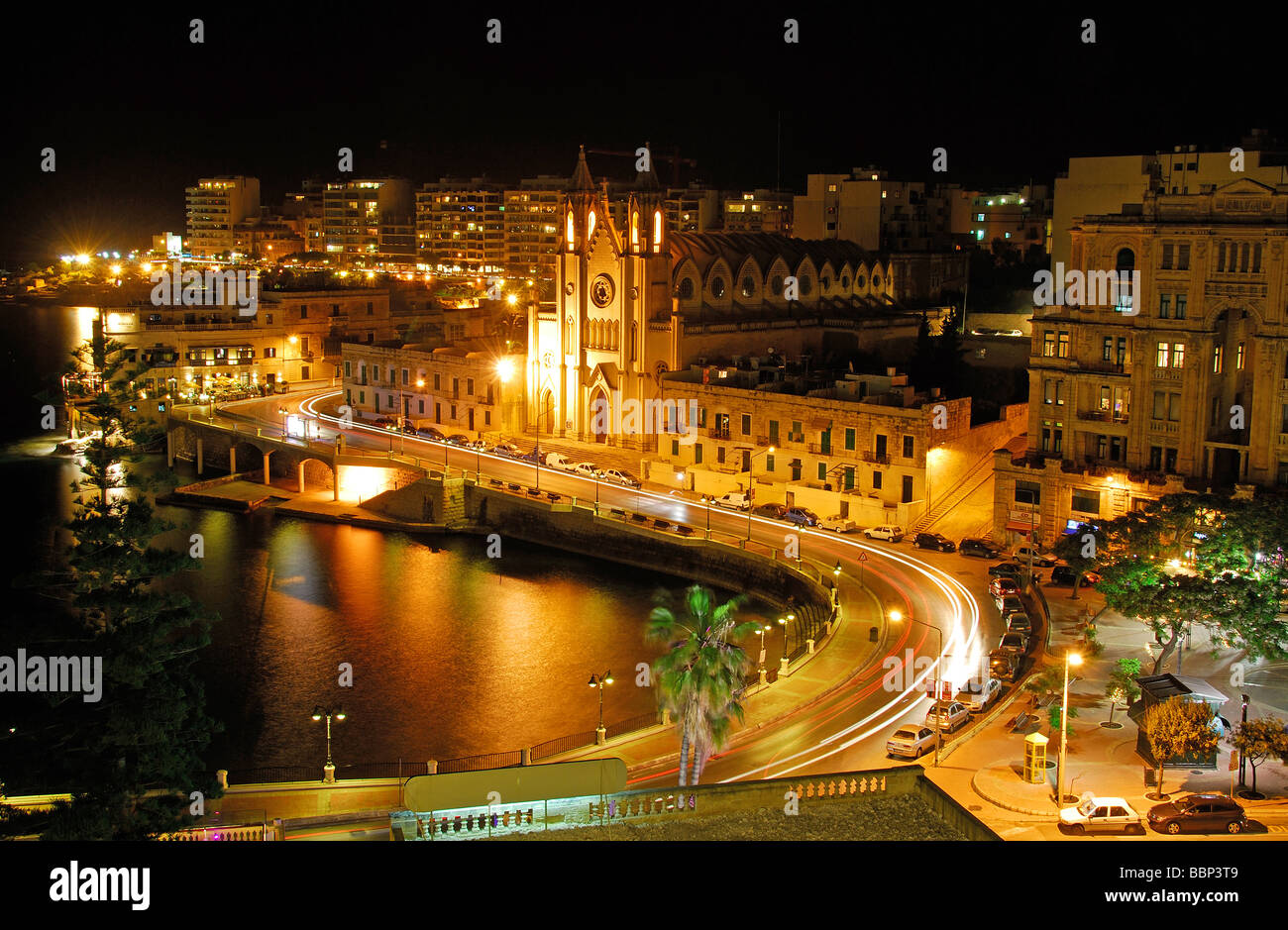 MALTA. Night view of Balluta Bay in St Julian's. 2009 Stock Photo ...