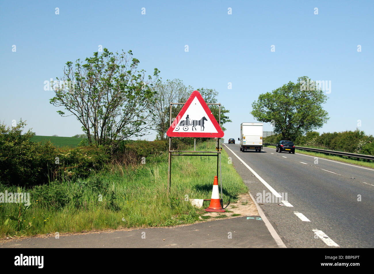 roadsign warning for horse drawn carriages on the A66 near Brough Stock ...