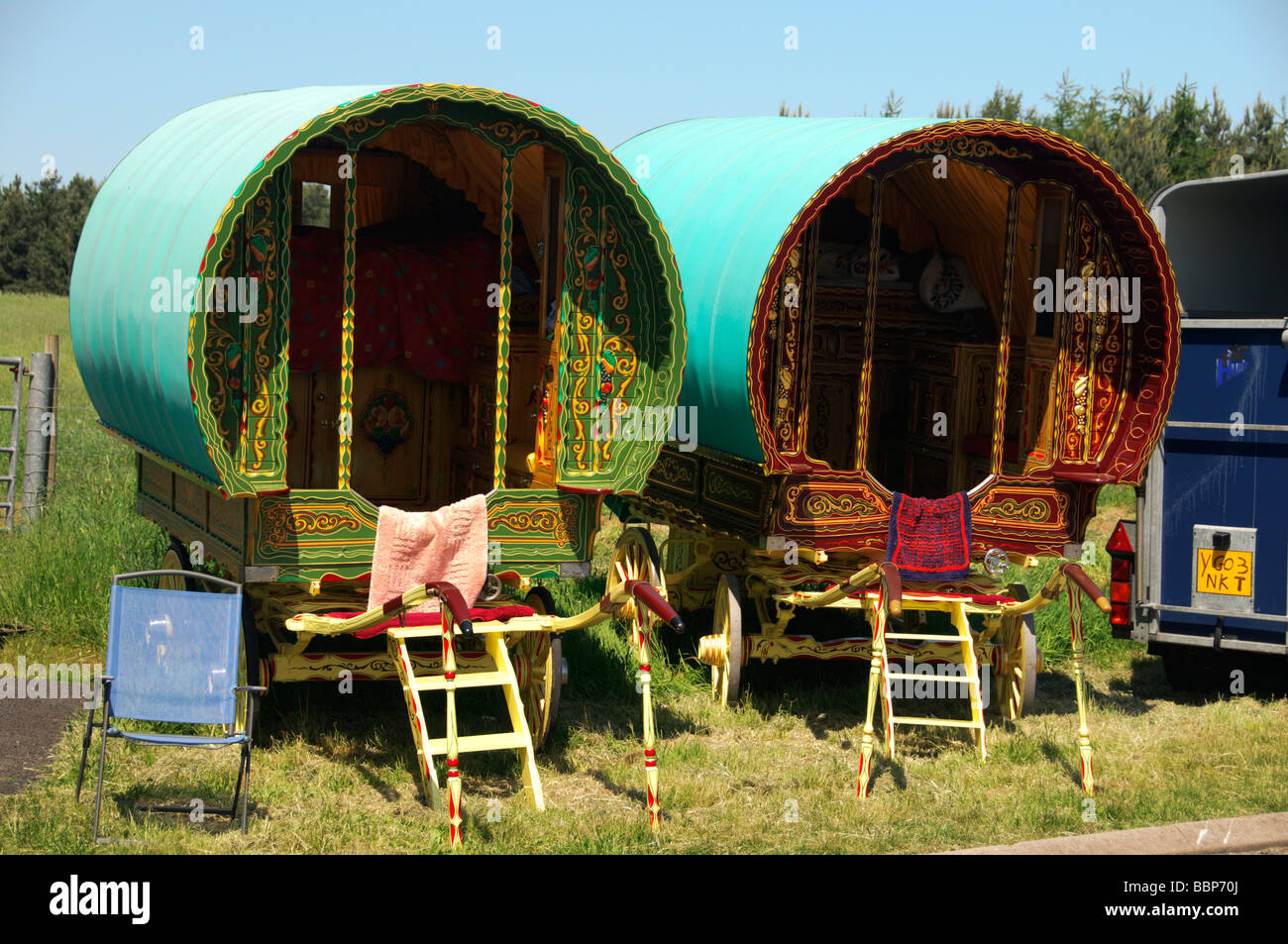 Two bow wagons parked next to each other in Appleby Stock Photo - Alamy