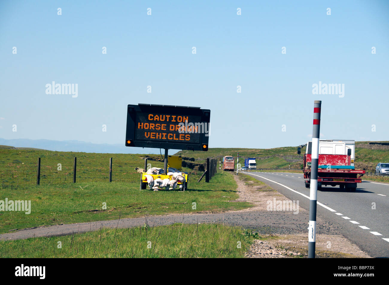 Roadsign that warns for horse drawn traffic on the A66 due to the ...
