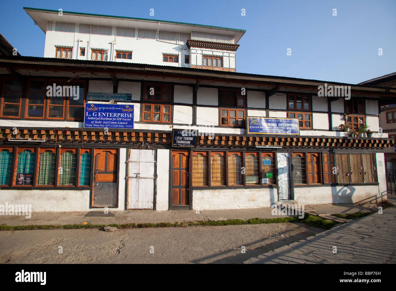 Typical House / shops in Capital city of Bhutan THIMPHU, brightly ...