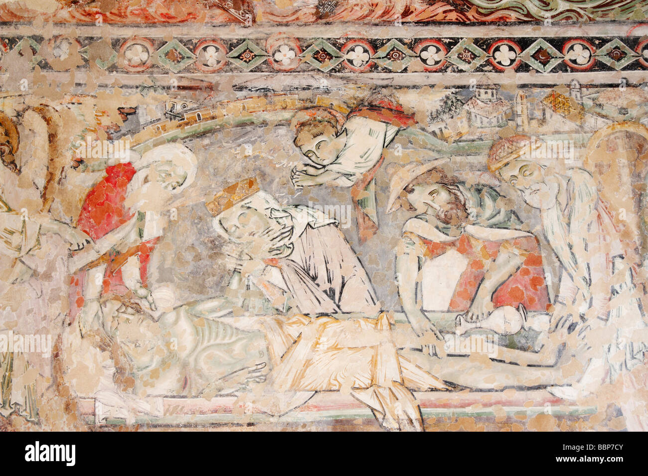 12th Century wall painting of entombment in holy sepulchre chapel in ...