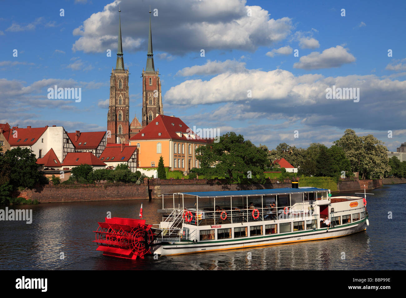 Poland Wroclaw Cathedral Island Odra River sightseeing boat Stock Photo ...