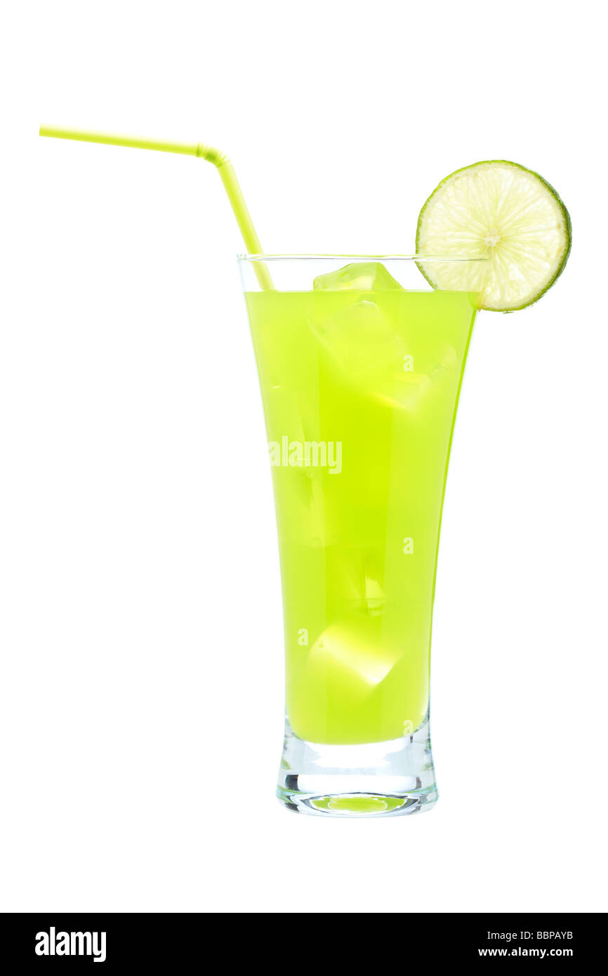 A glass of fresh lime juice with a slice on white background Stock ...
