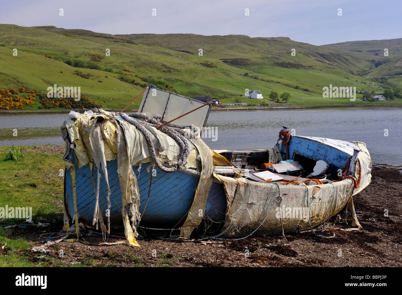 Beached, derelict, blue, wooden boat. Merkadale, Loch Harport ...