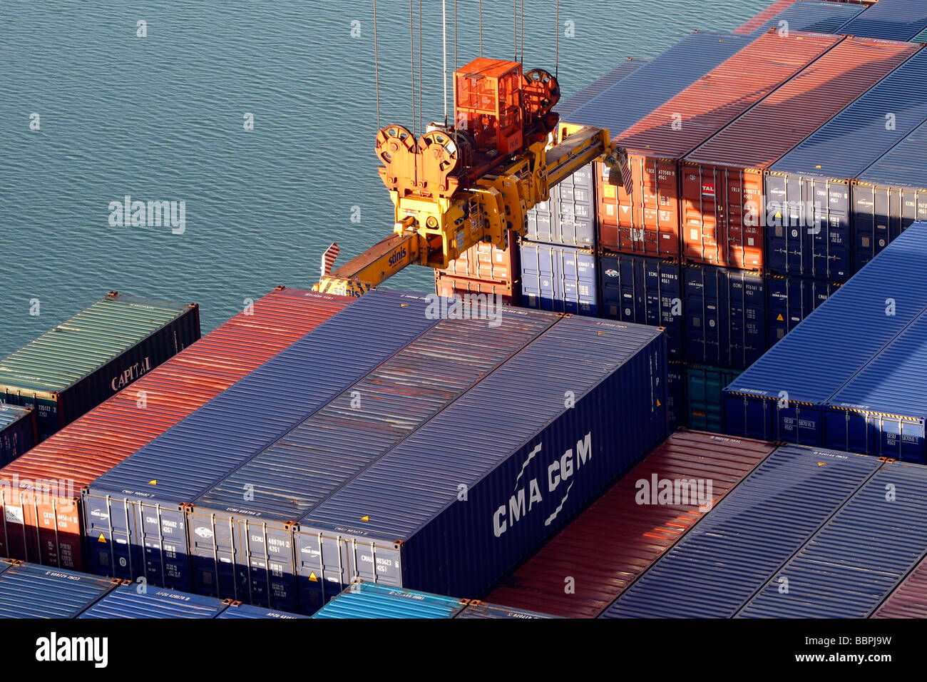 LOADING OF CONTAINERS ONTO A CARGO BOAT, TERMINAL OF FRANCE PORT 2000 ...