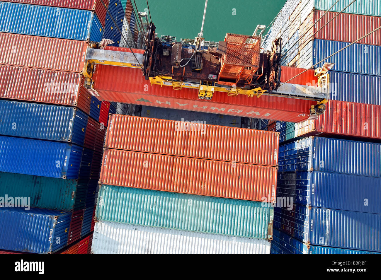 LOADING OF CONTAINERS ONTO A CARGO BOAT, TERMINAL OF FRANCE PORT 2000 ...