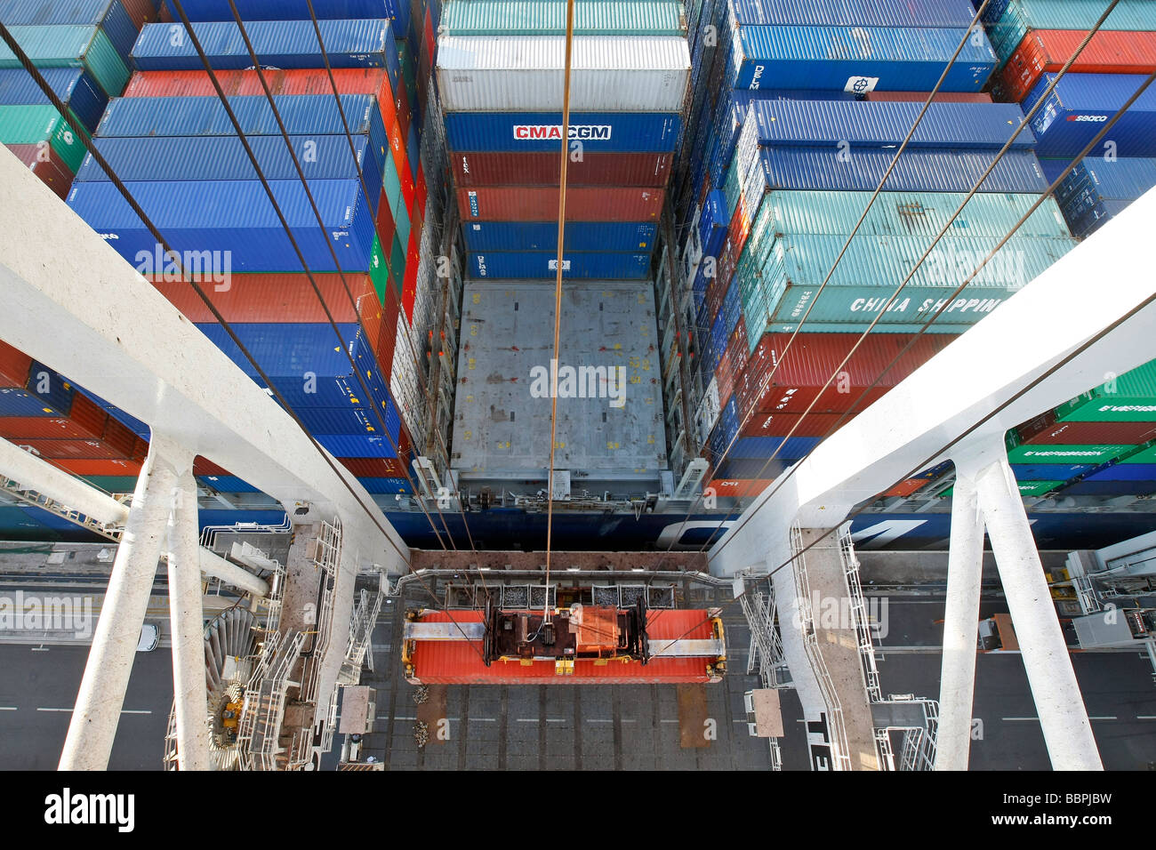 LOADING OF CONTAINERS ONTO A CARGO BOAT, TERMINAL OF FRANCE PORT 2000 ...