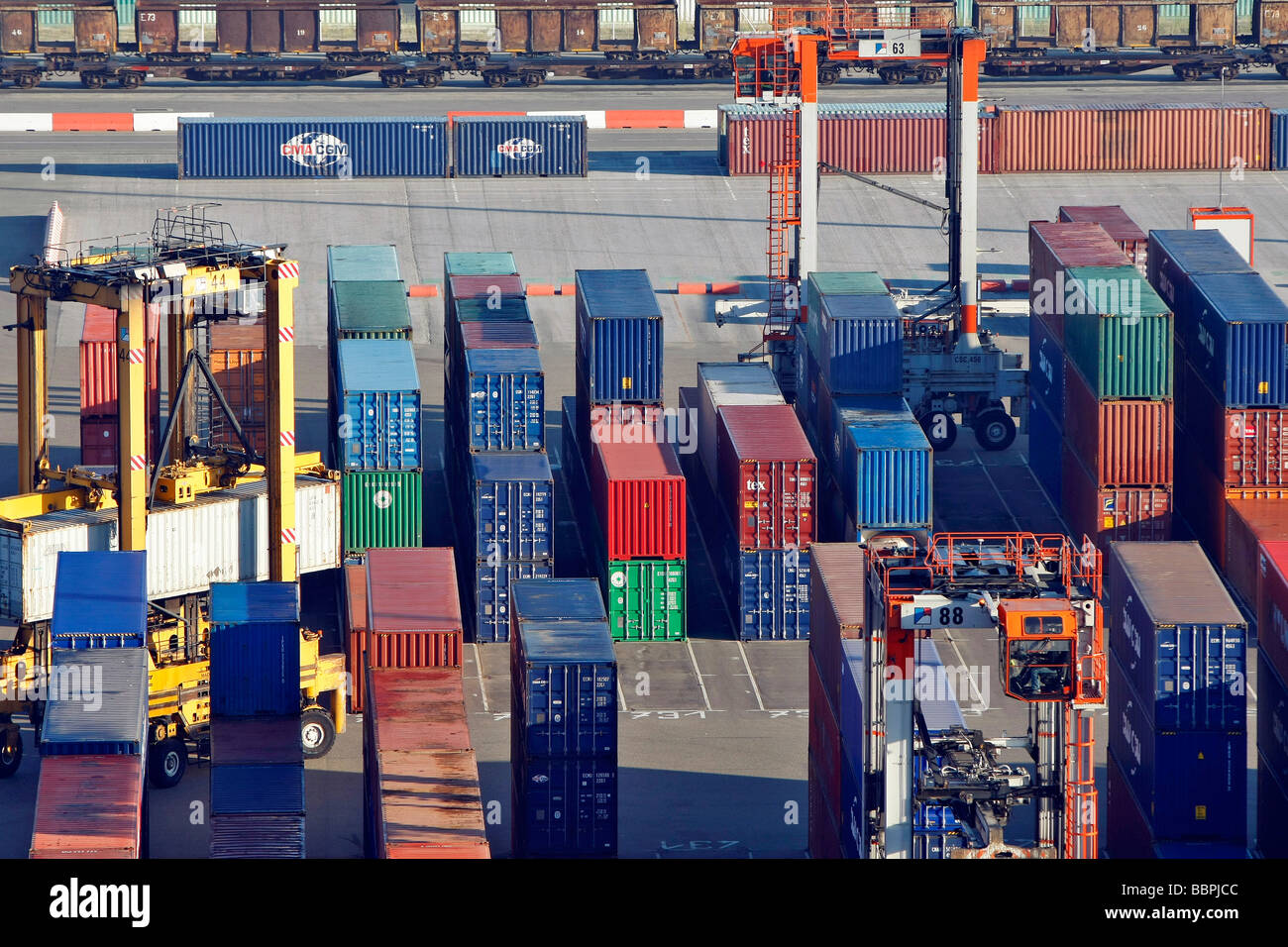 LOADING OF CONTAINERS ONTO A CARGO BOAT, TERMINAL OF FRANCE PORT 2000 ...