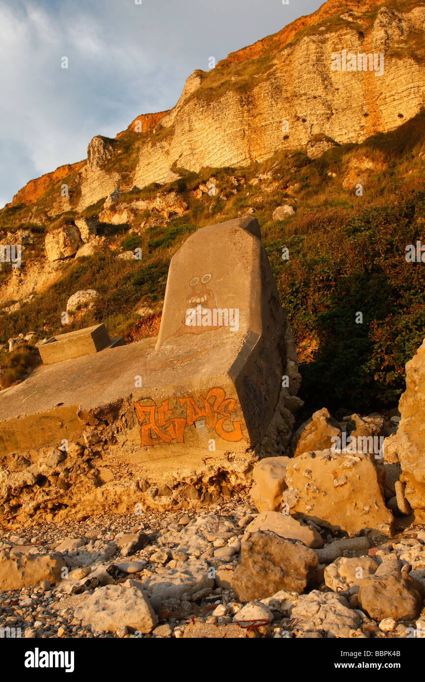 BLOCKHOUSE FALLEN ONTO THE BEACH UNDER THE LIMESTONE CLIFFS OF SAINTE ...