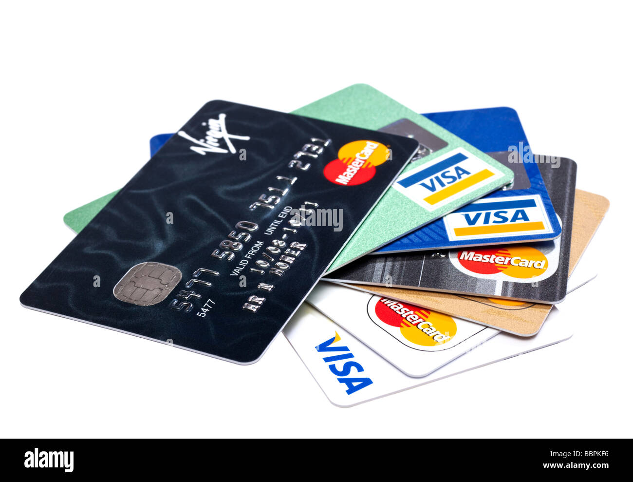 Group of UK credit cards - close up on white background silo cut out ...
