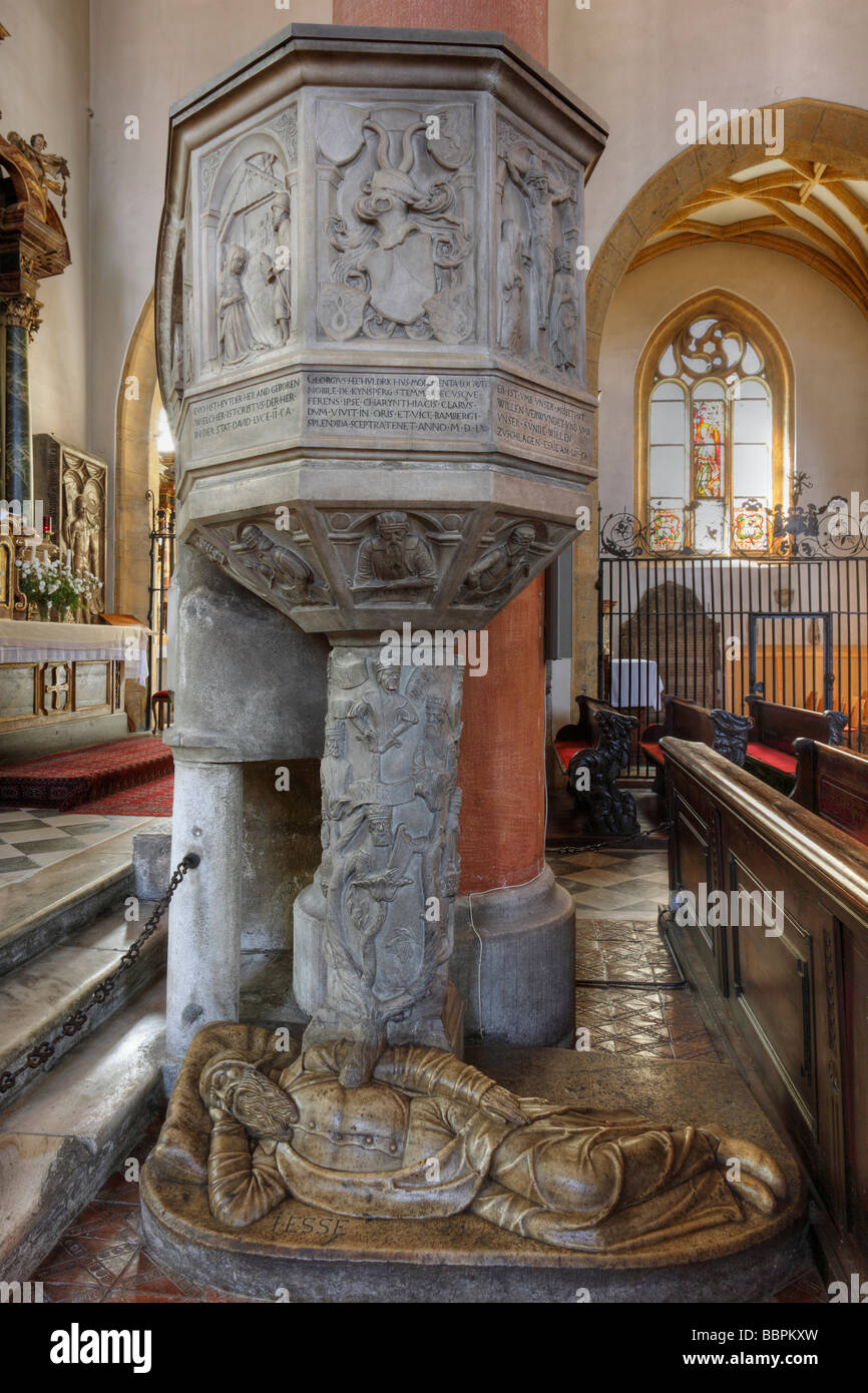 Stone pulpit in the parish church of St. Jakob, Villach, Carinthia ...