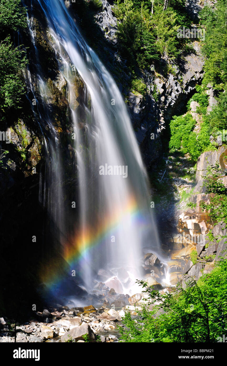 Narada Falls with rainbow, Mount Rainier National Park, Washington, USA ...
