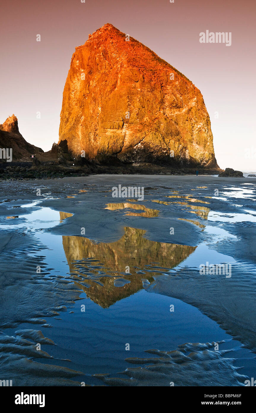 Famous Haystack Rock, monolith, solidified lava rock reflected in the ...