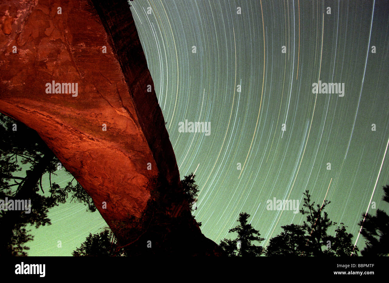 A five hour exposure recorded star trails over Sky Bridge, Red River ...