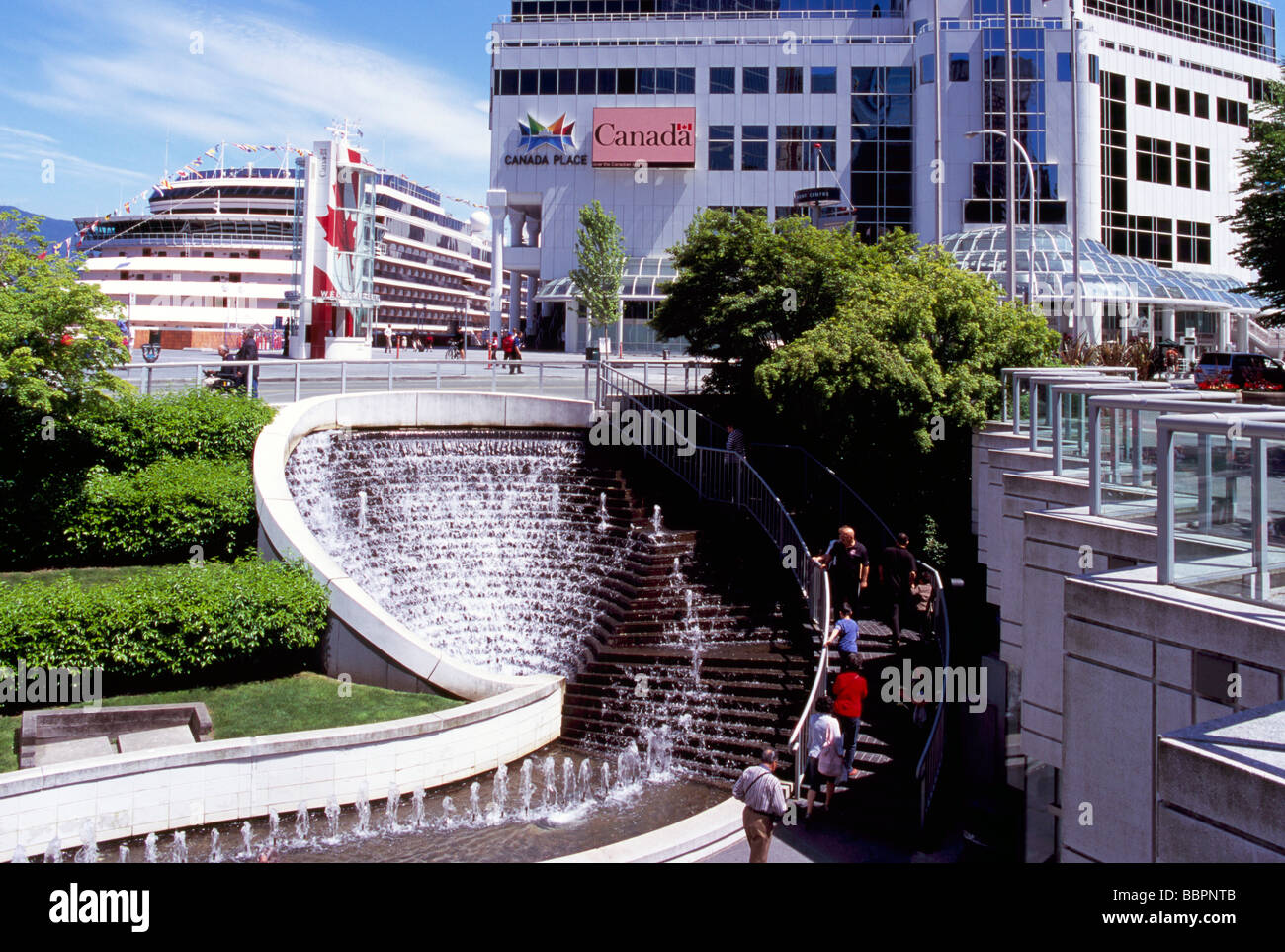 Water Fountain at "Waterfront Centre" overlooking Cruise Ship docked at ...