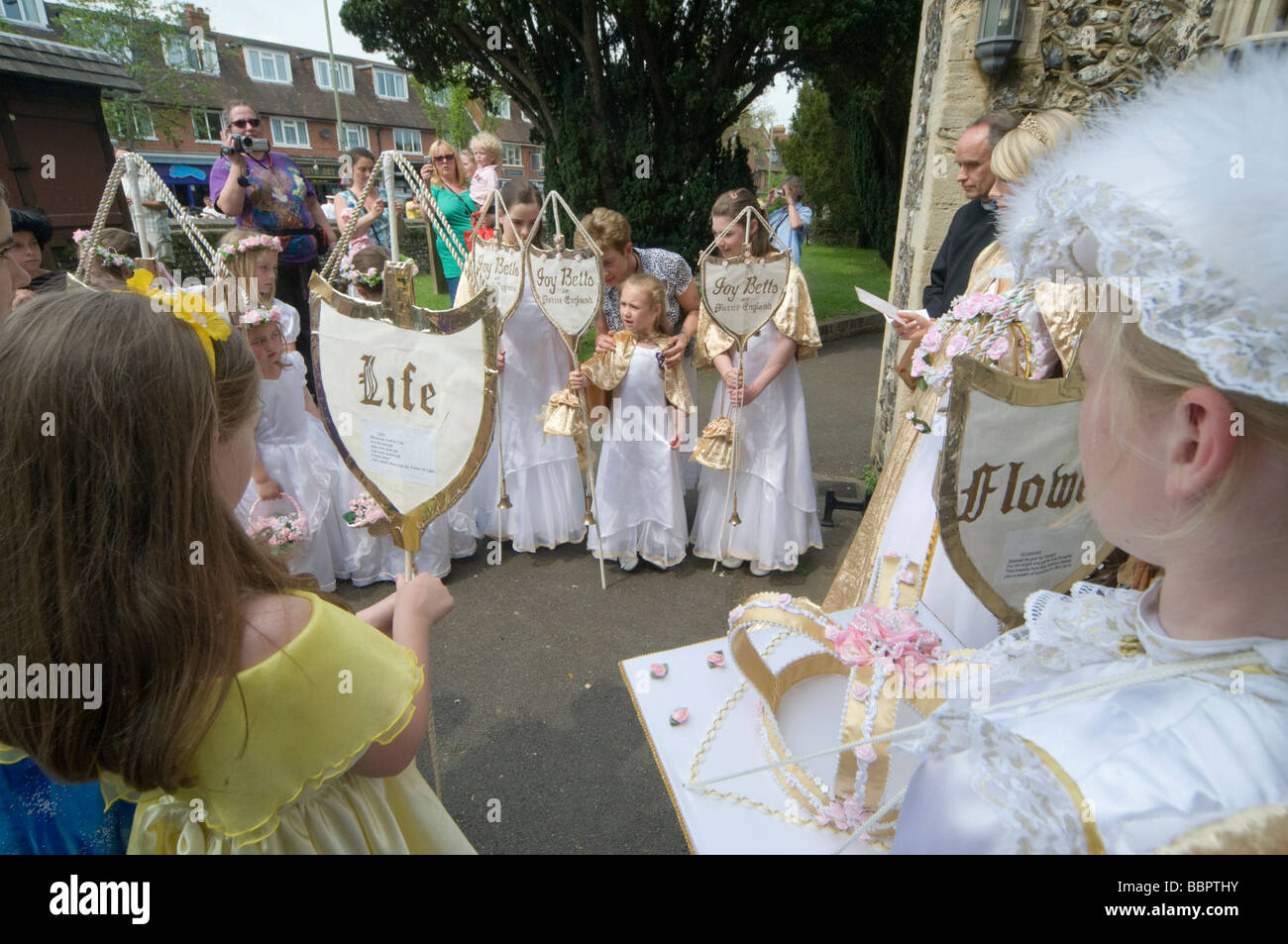 London May Queen, Vicar and Joy Bells outside church, Merrie England ...