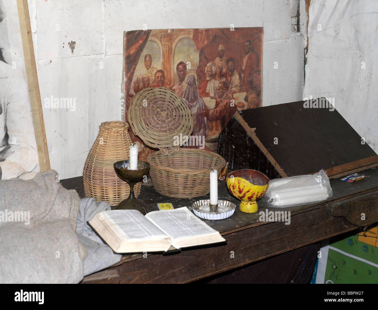 Mauritius Rastafarian Church altar with Bible and Candles Stock Photo ...