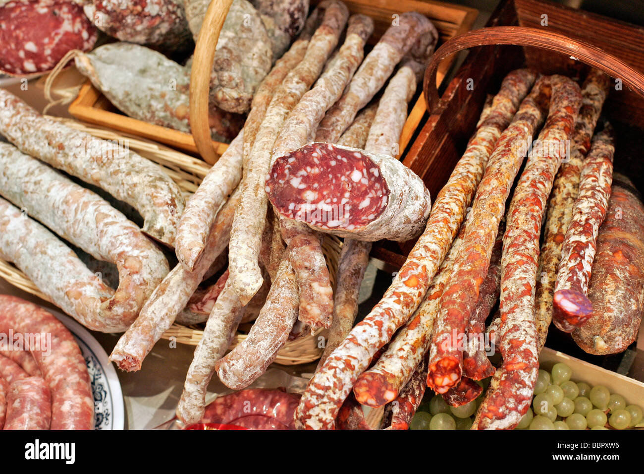 COLD CUTS SECTION, (SAUSAGES AND SALAMIS) IN THE STORE BACQUIE, PLACE ...