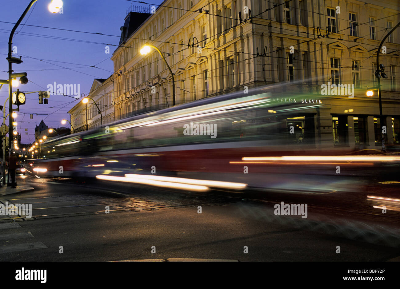 Tram at night in front of Cafe Slavia Prague Stock Photo - Alamy