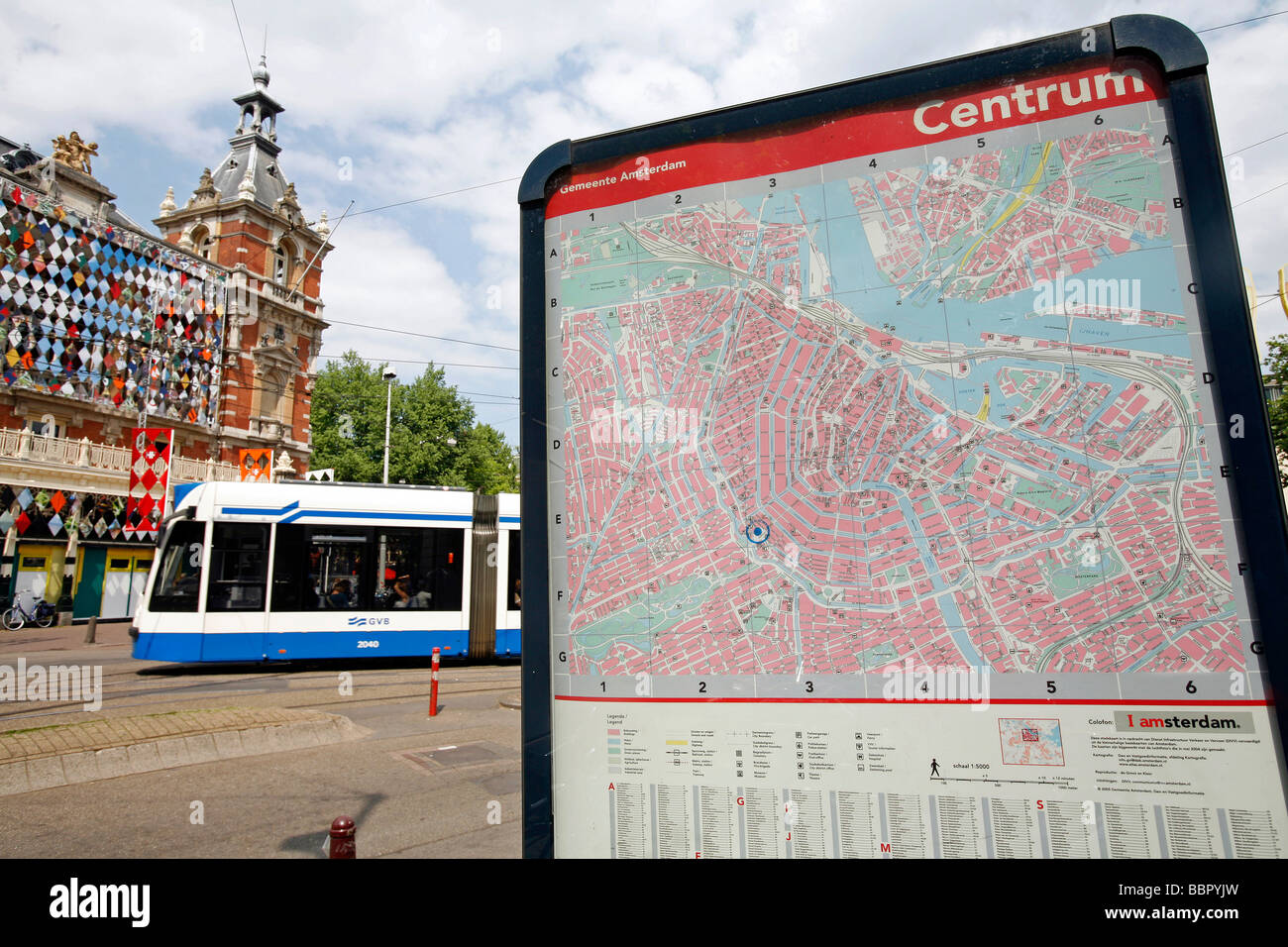 MAP OF THE CITY OF AMSTERDAM AND TRAMWAY IN LEIDSEPLEIN, NETHERLANDS ...