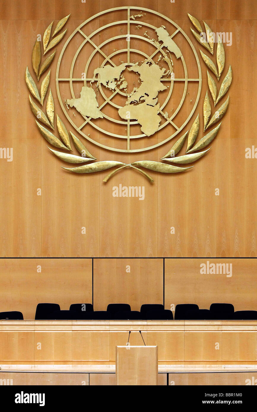 GILDED LOGO OF THE UNO, IN THE BIG ASSEMBLY HALL, PALACE OF NATIONS ...