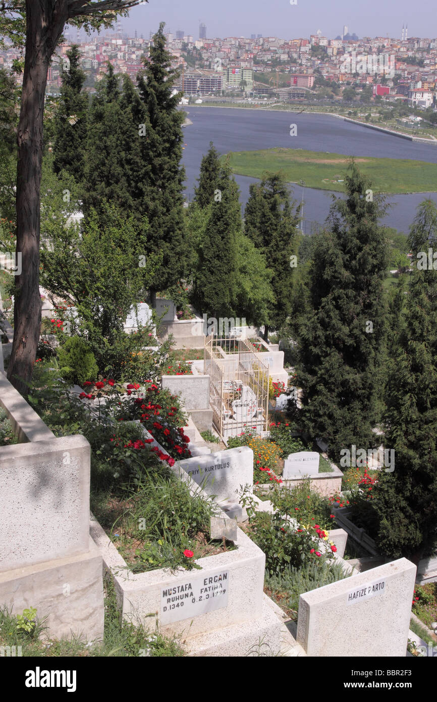 Istanbul Turkey Turkish cemetery on the hillside at Eyup seen from the ...