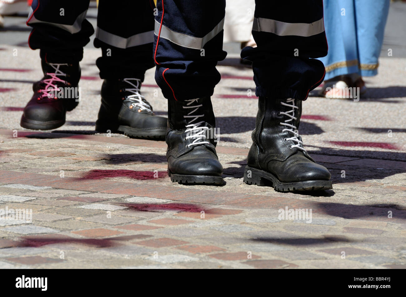 Stock photo of the boots of the Sapeur Pompiers as they march along in ...