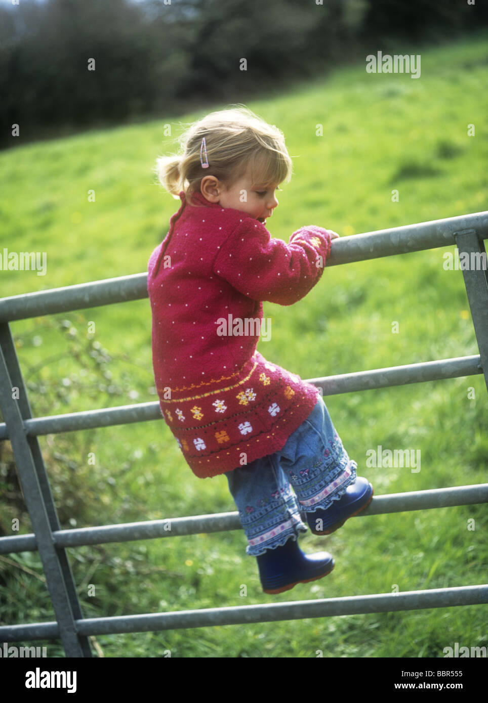 Toddler climbing on country farm gate spring Stock Photo - Alamy