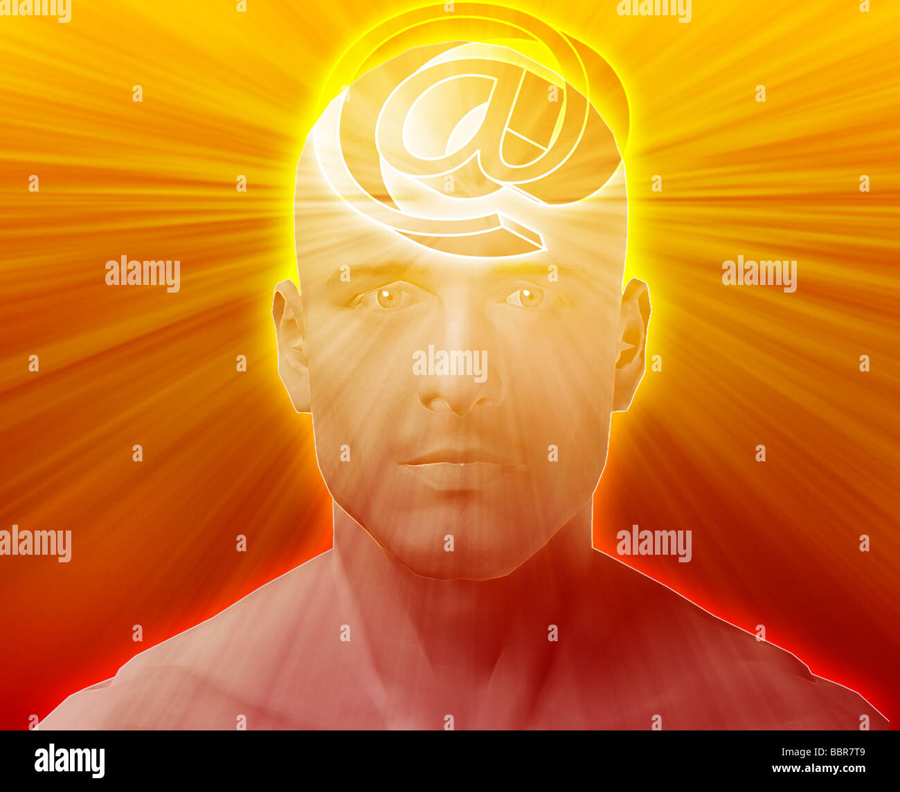 Man thinking about at internet symbol floating on her head Stock Photo ...