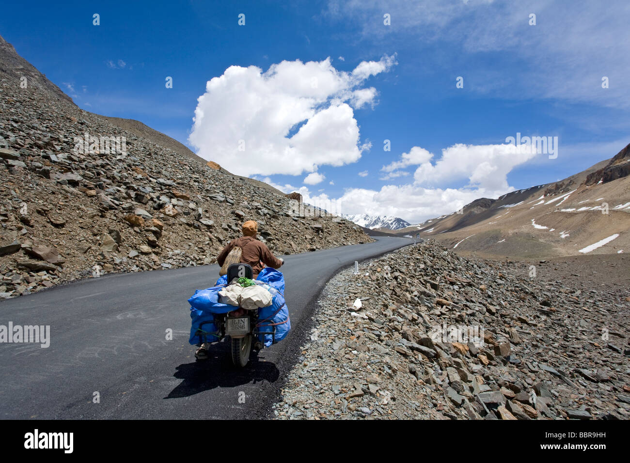 Biker on the Manali-Leh route. Near Sarchu. Ladakh. India Stock Photo ...