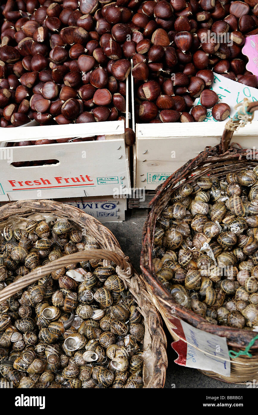 SNAILS AND CHESTNUTS, OPEN MARKET, CHANIA, CRETE, GREECE Stock Photo ...