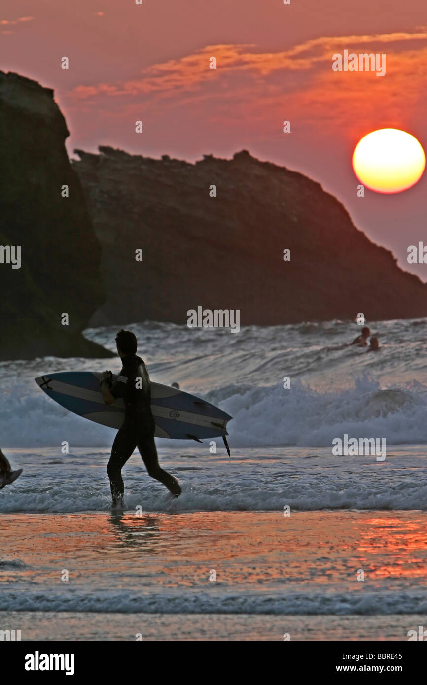 SURFERS, SUNSET, GRANDE PLAGE, BASQUE COUNTRY, BASQUE COAST, PYRENEES ...