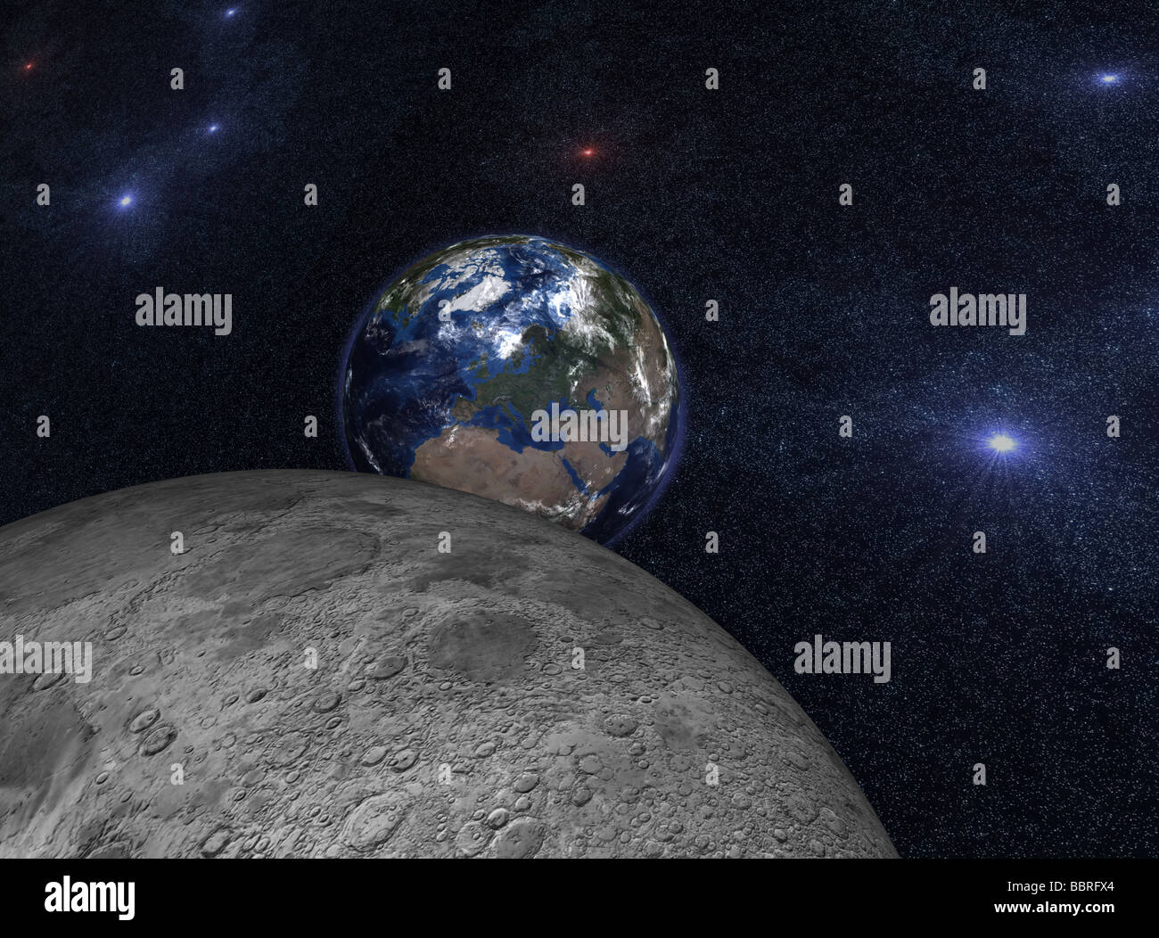 Illustration or earth coming into view from behind the moon Stock Photo ...