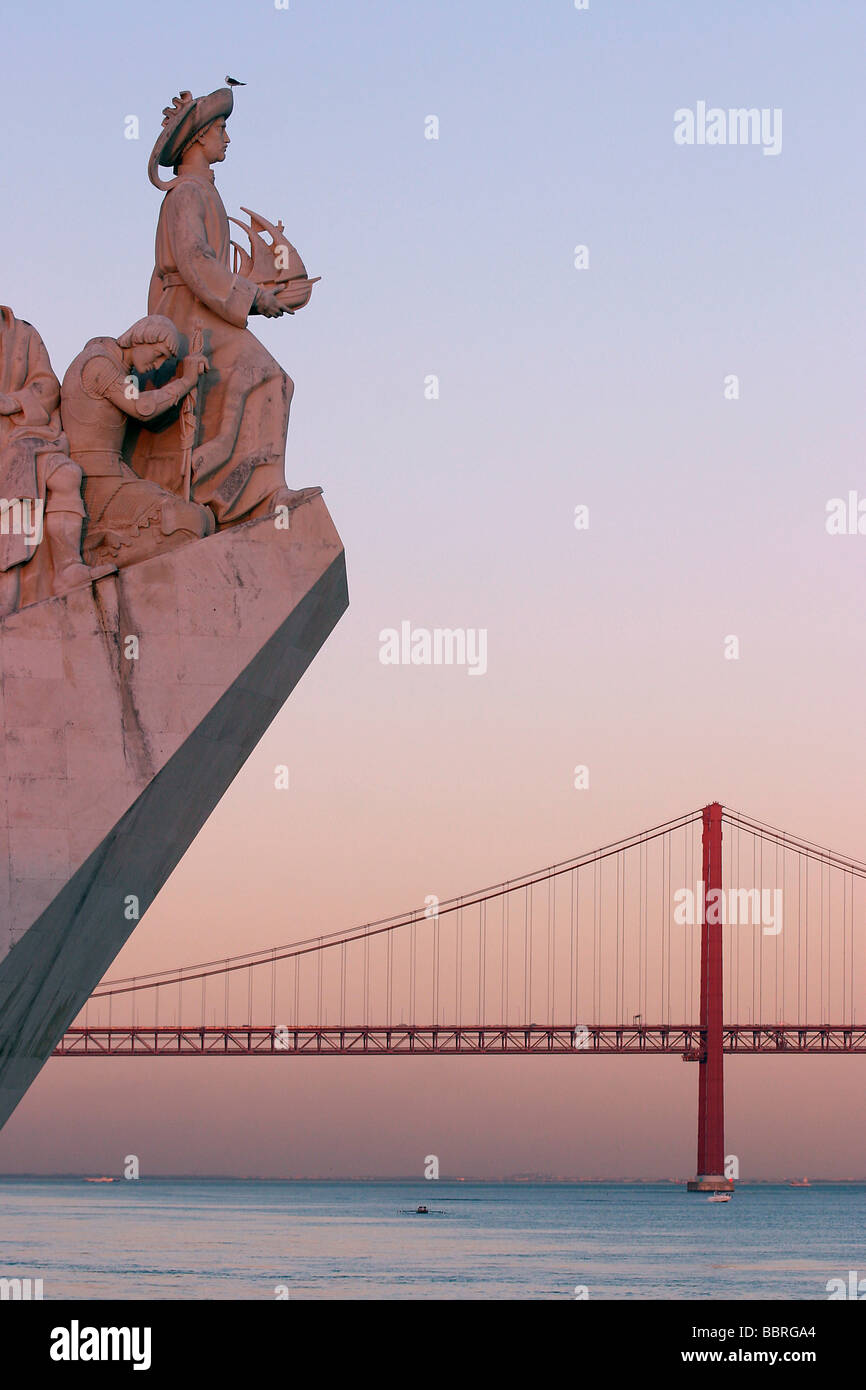 DISCOVERIES MONUMENT AND 25TH OF APRIL BRIDGE, BELEM, LISBON, PORTUGAL ...