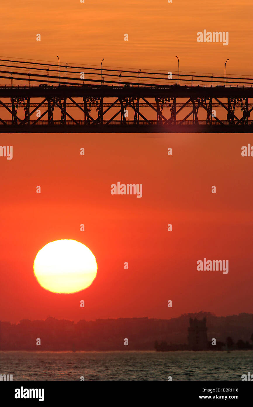 THE 25TH OF APRIL BRIDGE AND BELEM TOWER, LISBON, PORTUGAL Stock Photo ...
