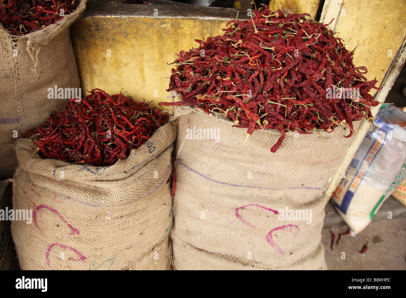 chillies in sacks Stock Photo - Alamy
