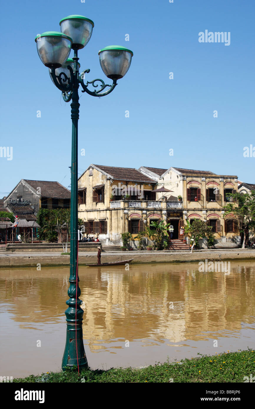 Riverside "street lamp" and colonial buildings, "Hoi An", Vietnam Stock ...
