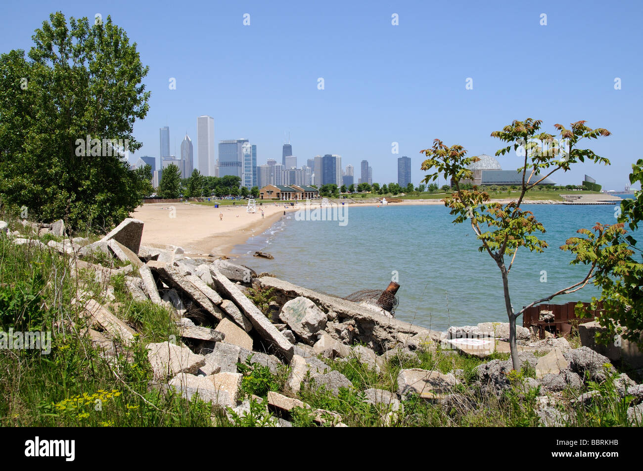 Lake Michigan and the beach on Northerly Island Park with backdrop of ...