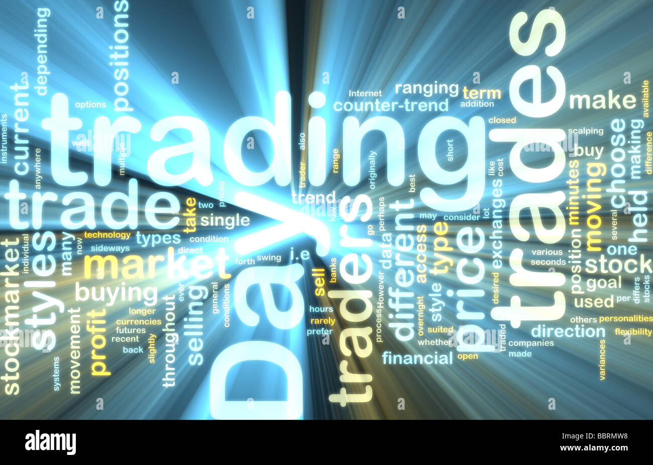 Word cloud tags concept illustration of day trading glowing light ...