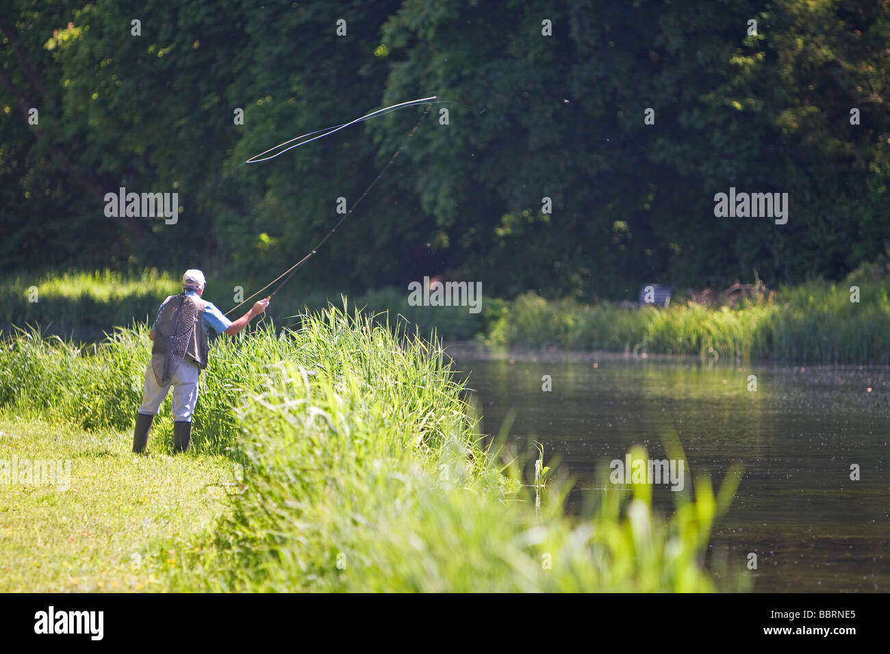 Fly fisherman casting line Stock Photo - Alamy