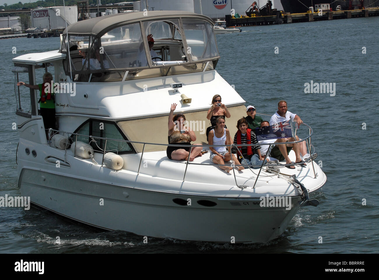 Boaters enjoy a summer day on their yacht in Long Island Sound off of ...