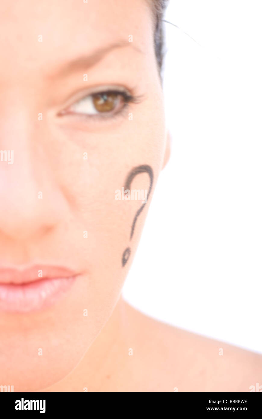 Question mark simbol painted in woman´s face and thinking on answer ...