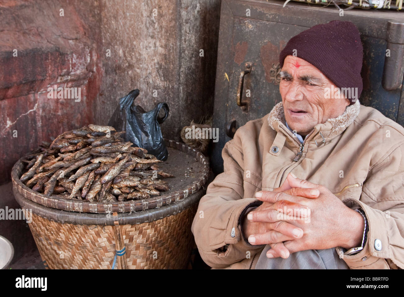 Kathmandu, Nepal. Nepali Vendor of Dried Fish Awaits Customers, Durbar ...